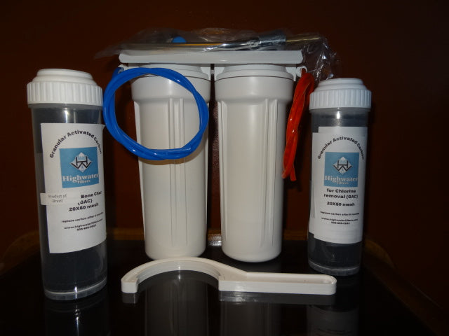 Double under counter filter housing with 1 Bone Char and 1 GAC water ...